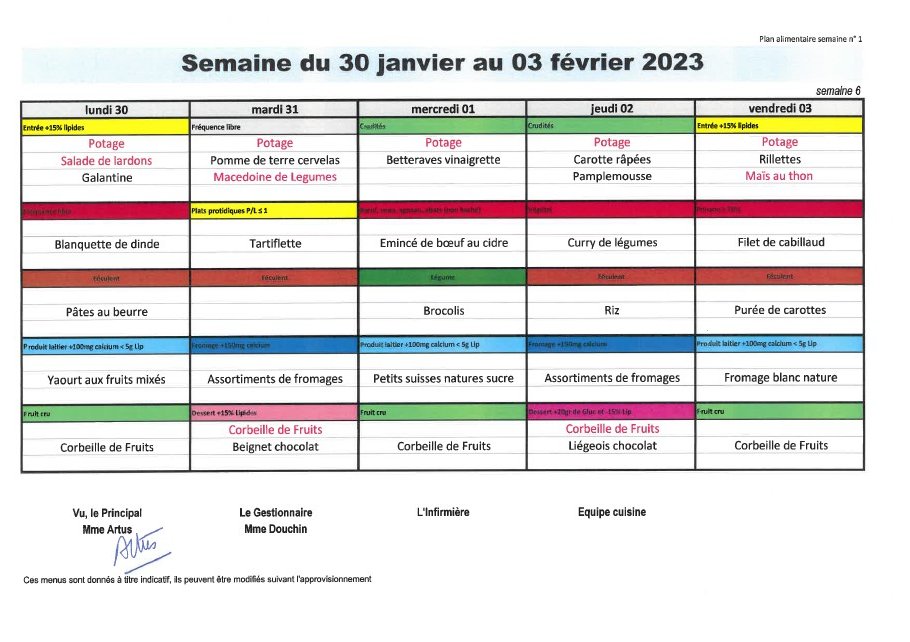 Menus du 30 janvier au 03 février - Collège Fernand Léger